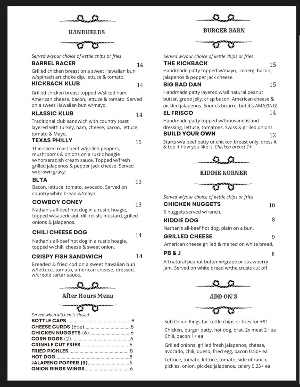 Menu at Kickback Korner Bar and Grill, Bandera