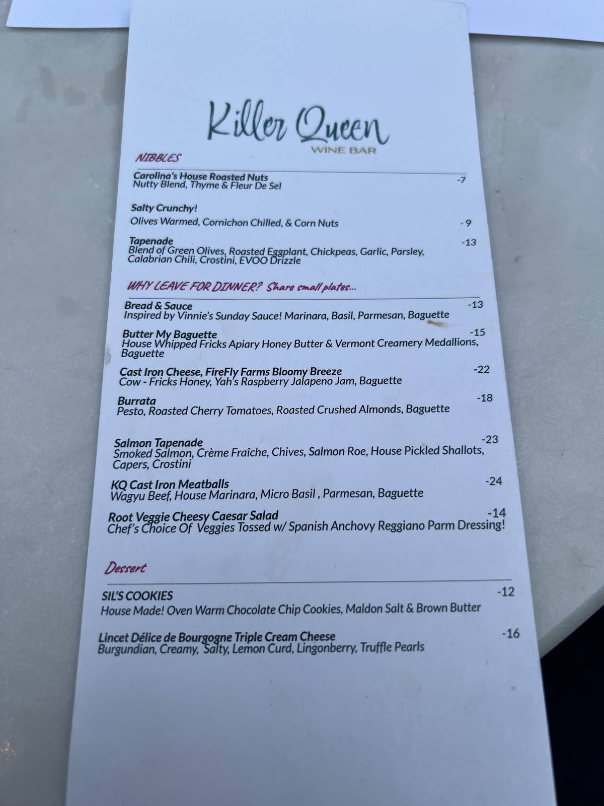 Menu at Killer Queen pub & bar, Durham