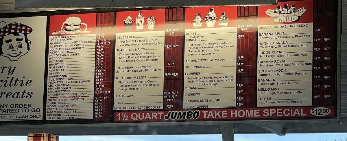 Menu at Kiltie Drive-In restaurant, Oconomowoc, N48W36154 E Wisconsin Ave