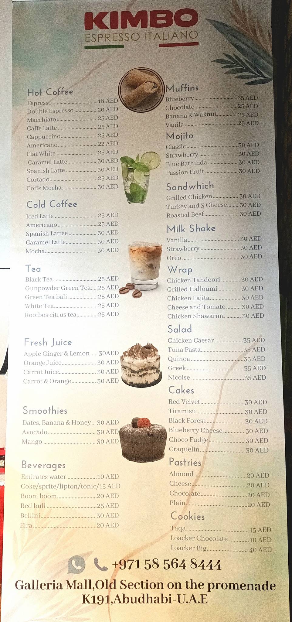 Carta de Kimbo Espresso Italiano Galleria Mall, Abu Dabi