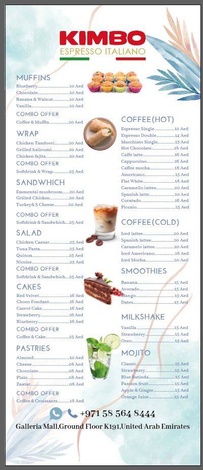 Menu at Kimbo espresso italiano-Galleria mall abu dhabi, Abu Dhabi
