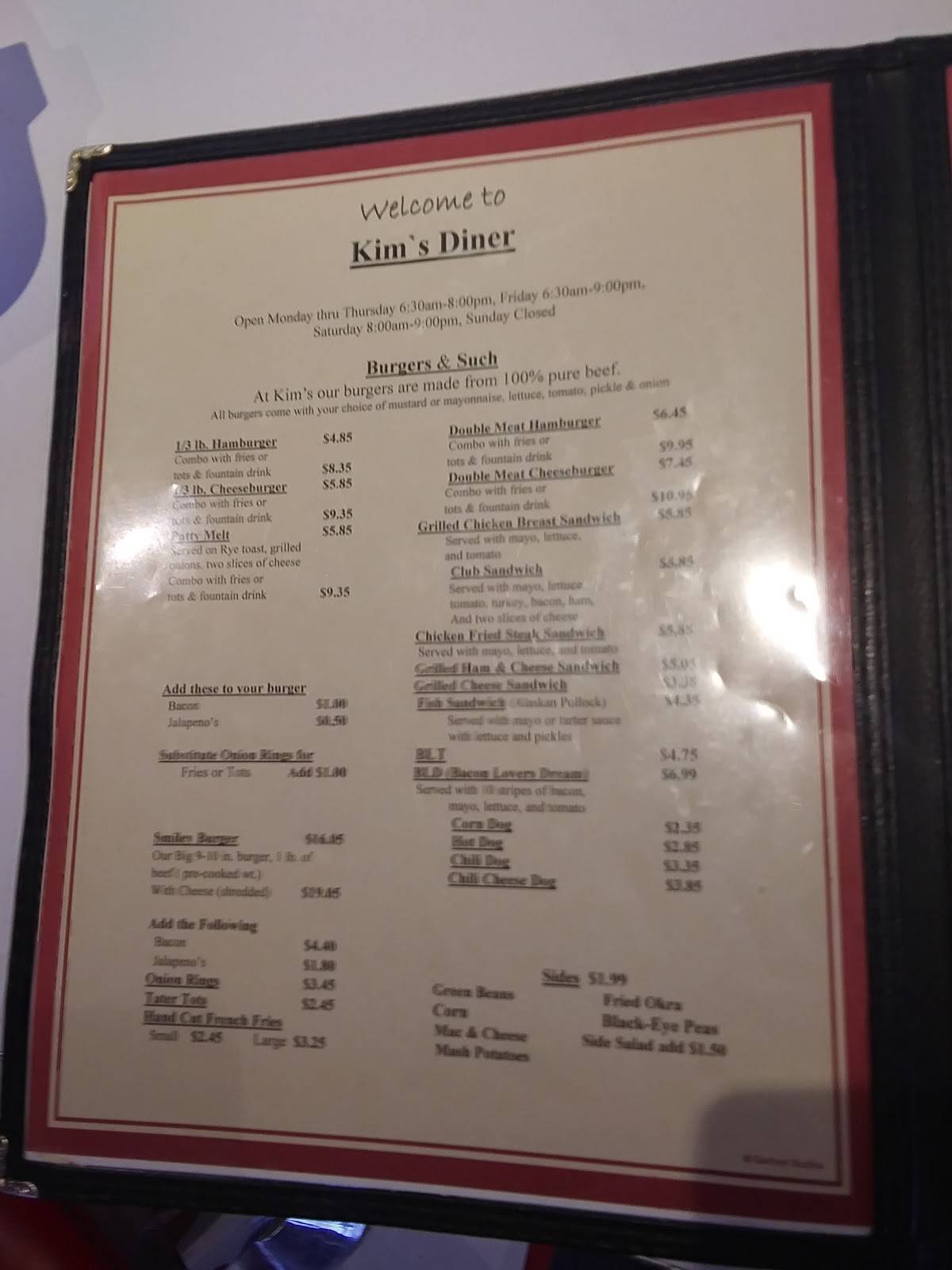 Menu at Kim's Diner cafe, Waco