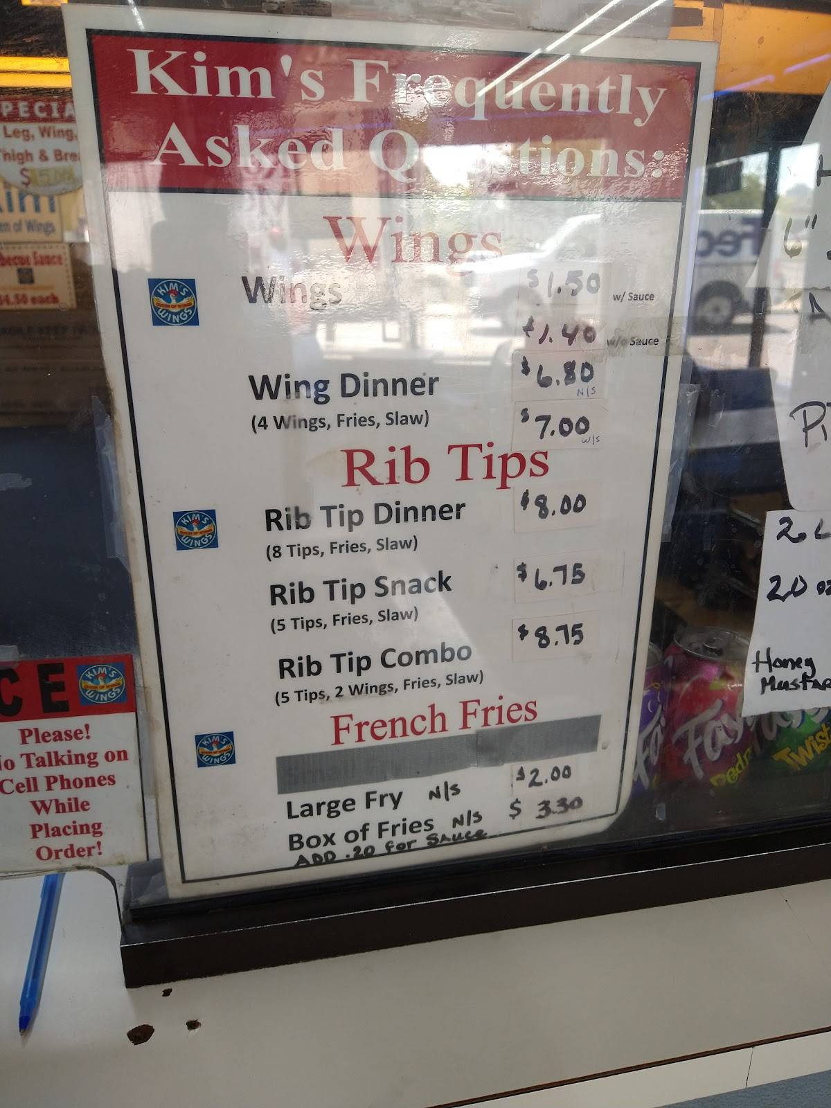 Menu at Kim's Wings restaurant, Cleveland, St Clair Ave.