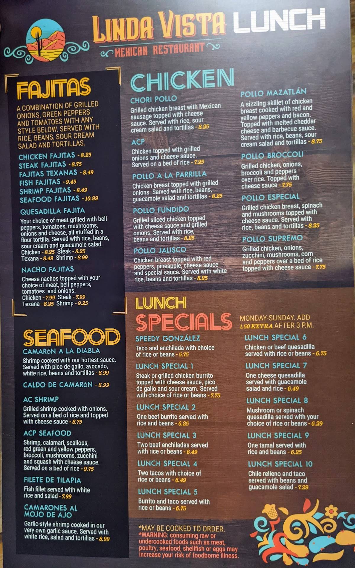 Menu at Linda Vista Mexican Restaurant, King