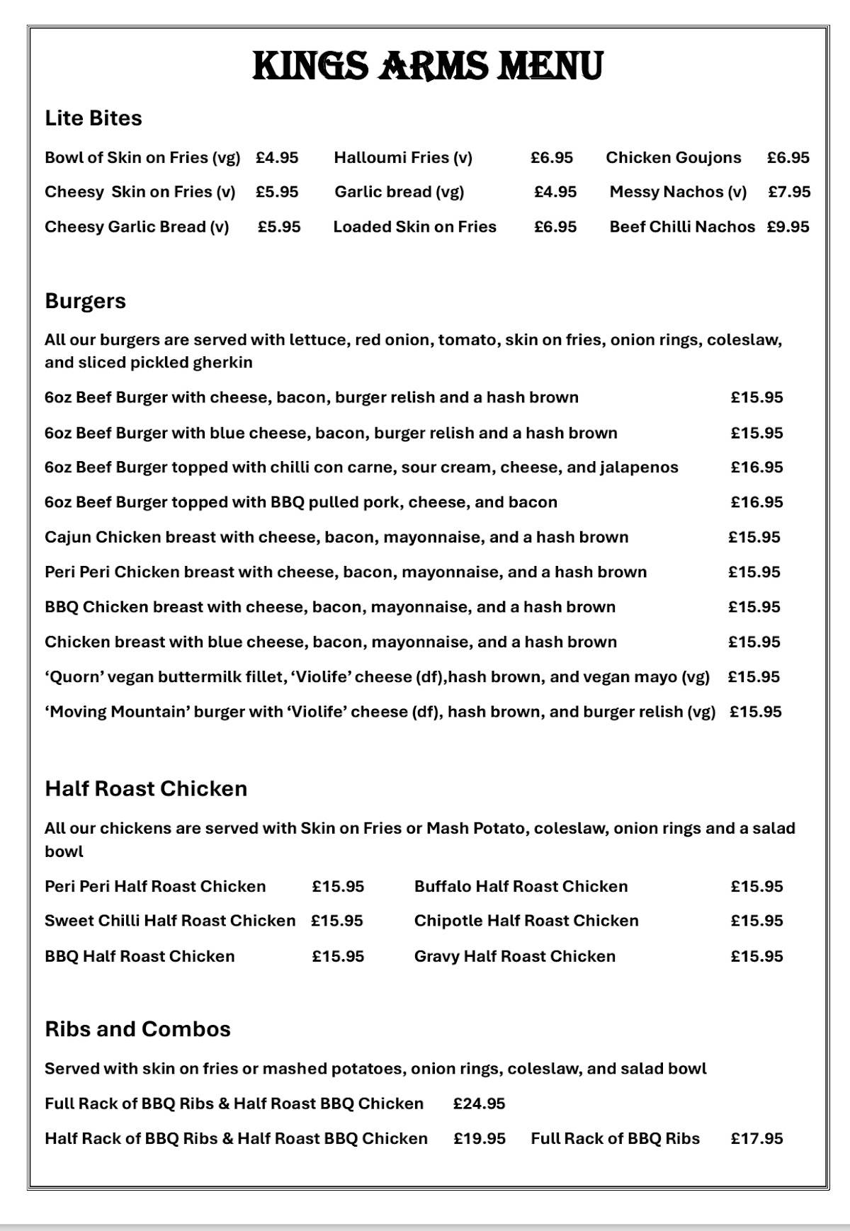 Menu at Kings Arms Hotel pub & bar, Kirkby Lonsdale