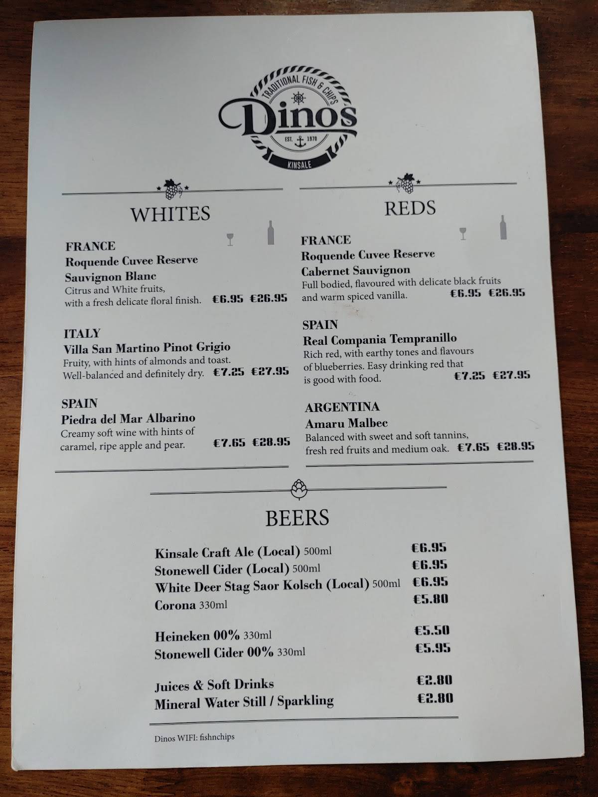 Menu at Dinos restaurant, Kinsale