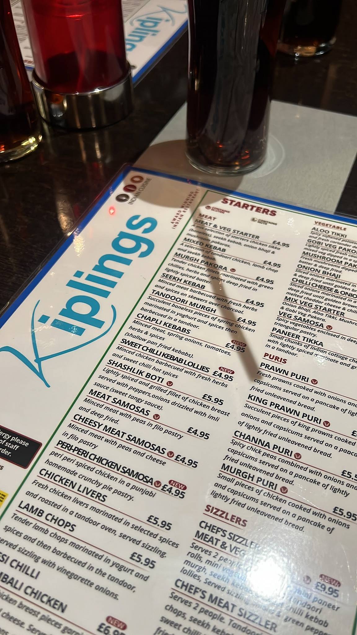 Menu at Kiplings Indian Restaurant, Sowerby Bridge