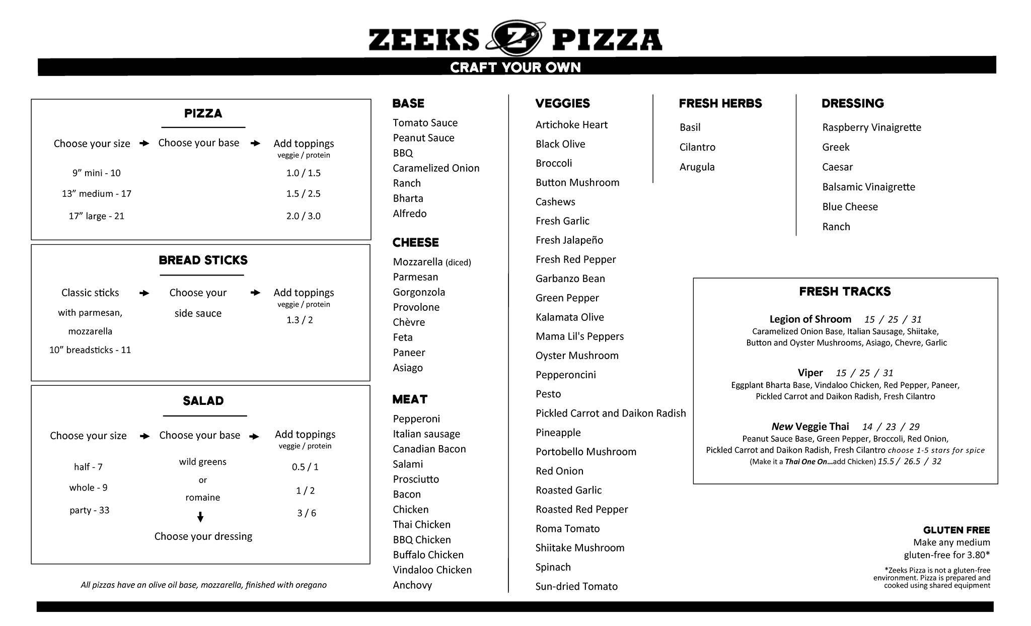 Menu at Zeeks Pizza pizzeria, Kirkland
