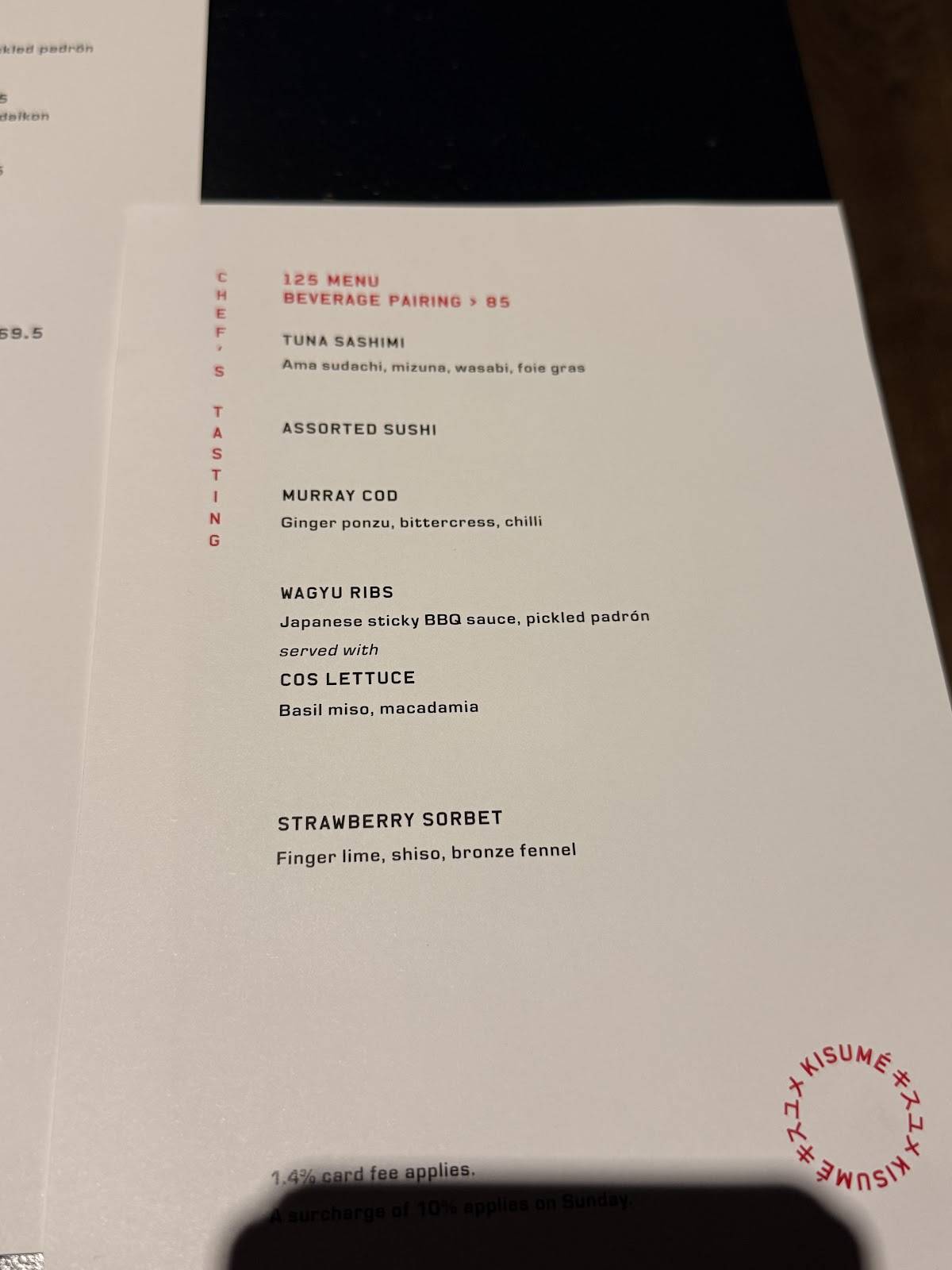 Menu at Kisumé restaurant, Melbourne