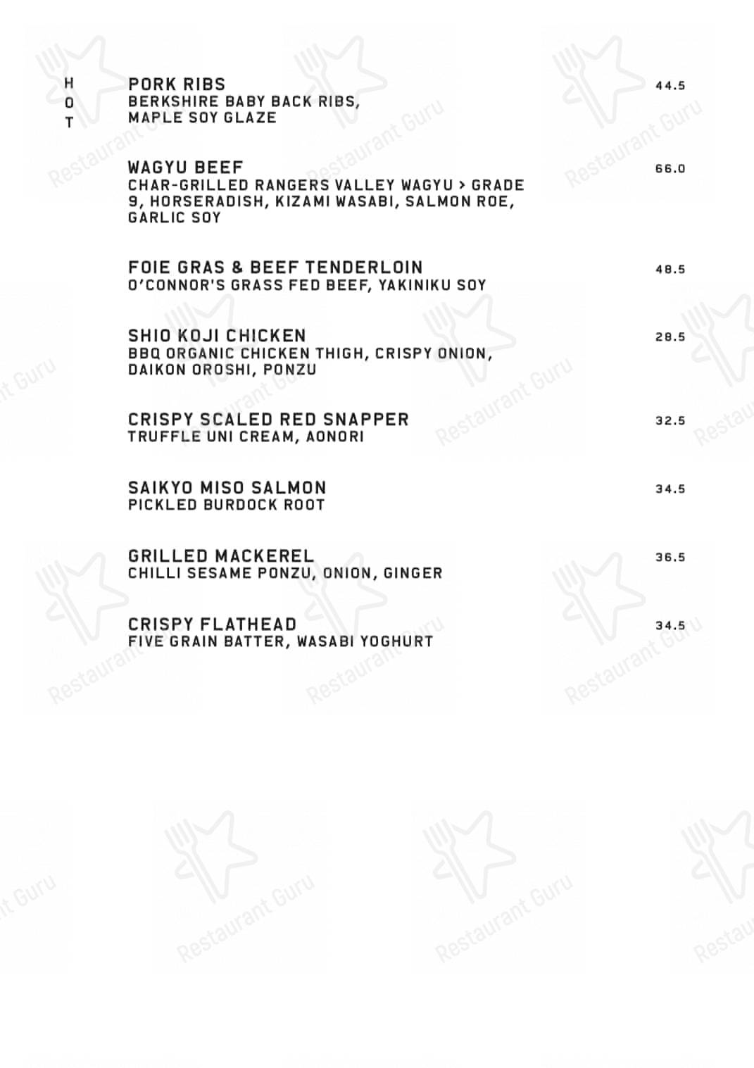 Menu at Kisumé restaurant, Melbourne