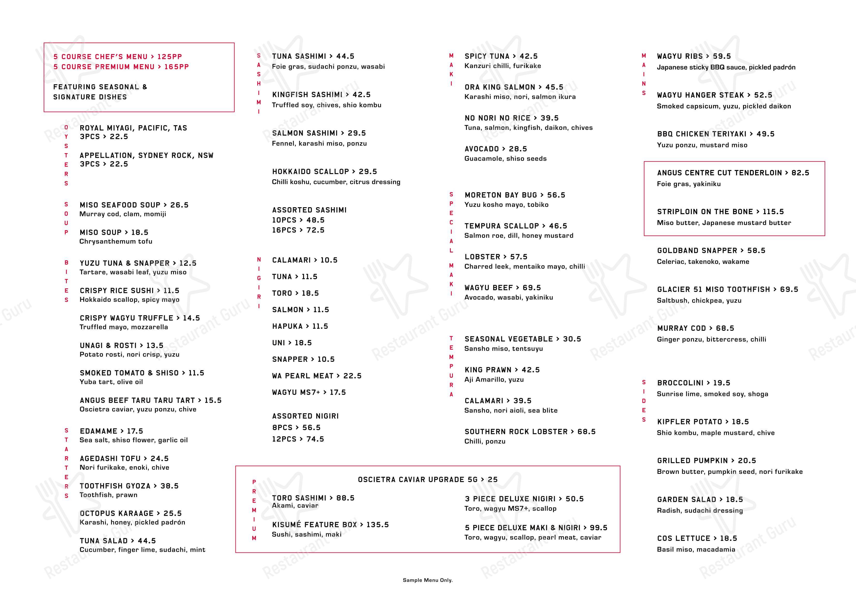 Menu at Kisumé restaurant, Melbourne