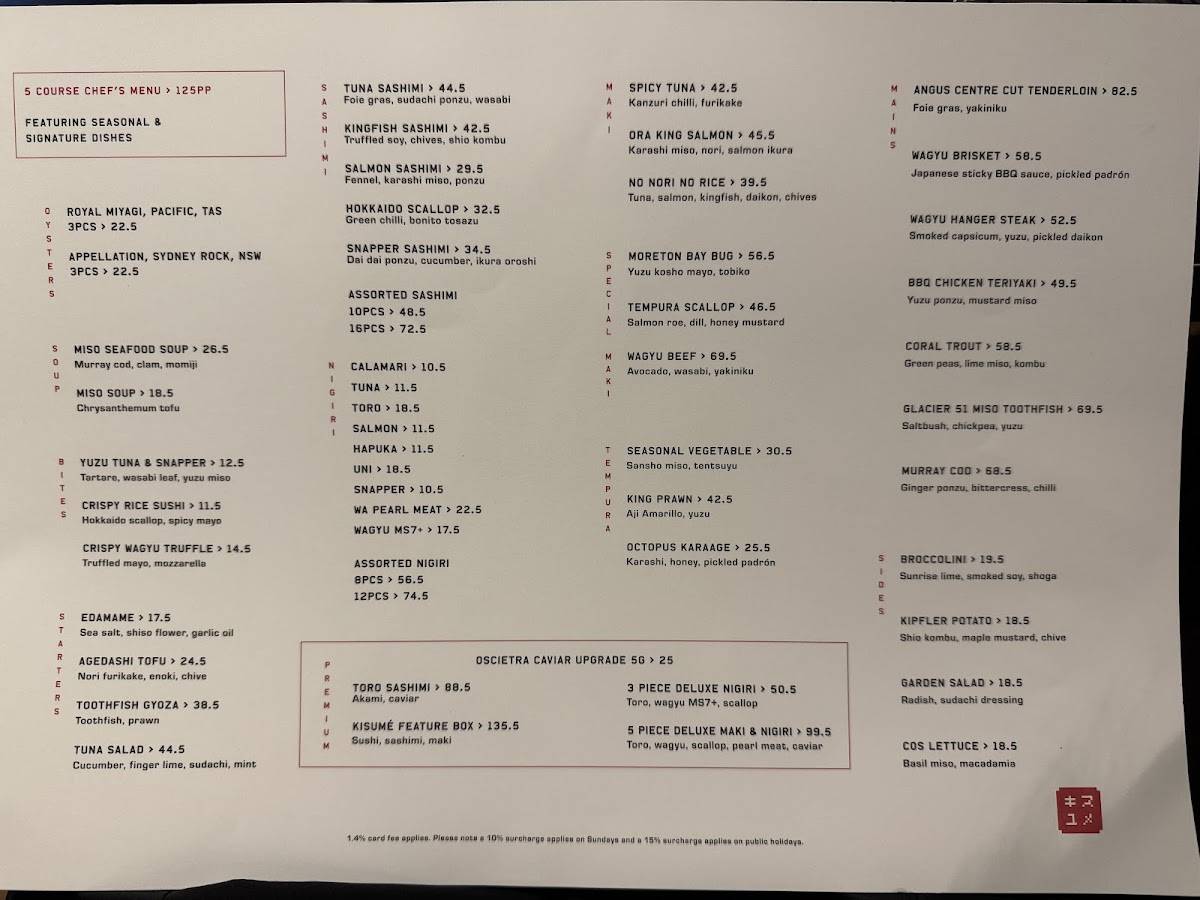 Menu at Kisumé restaurant, Melbourne