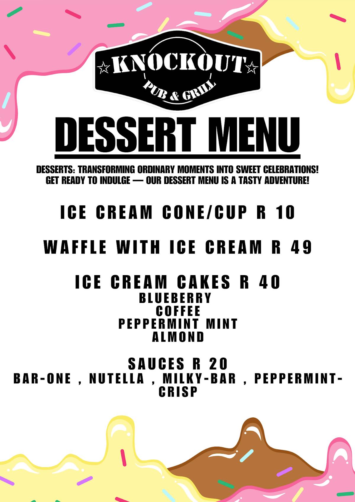 Menu at Knock Out Pub & Grill, Vanderbijlpark