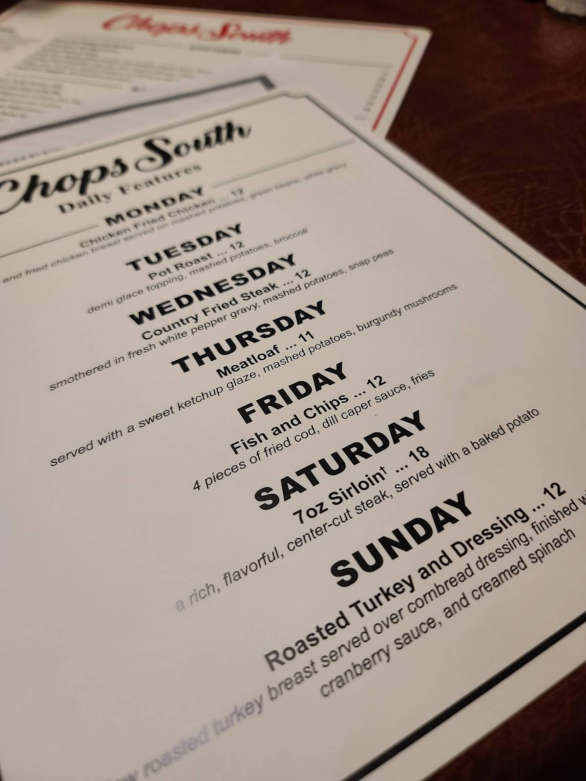 Menu at Chops South steakhouse, Knoxville, Chapman Hwy