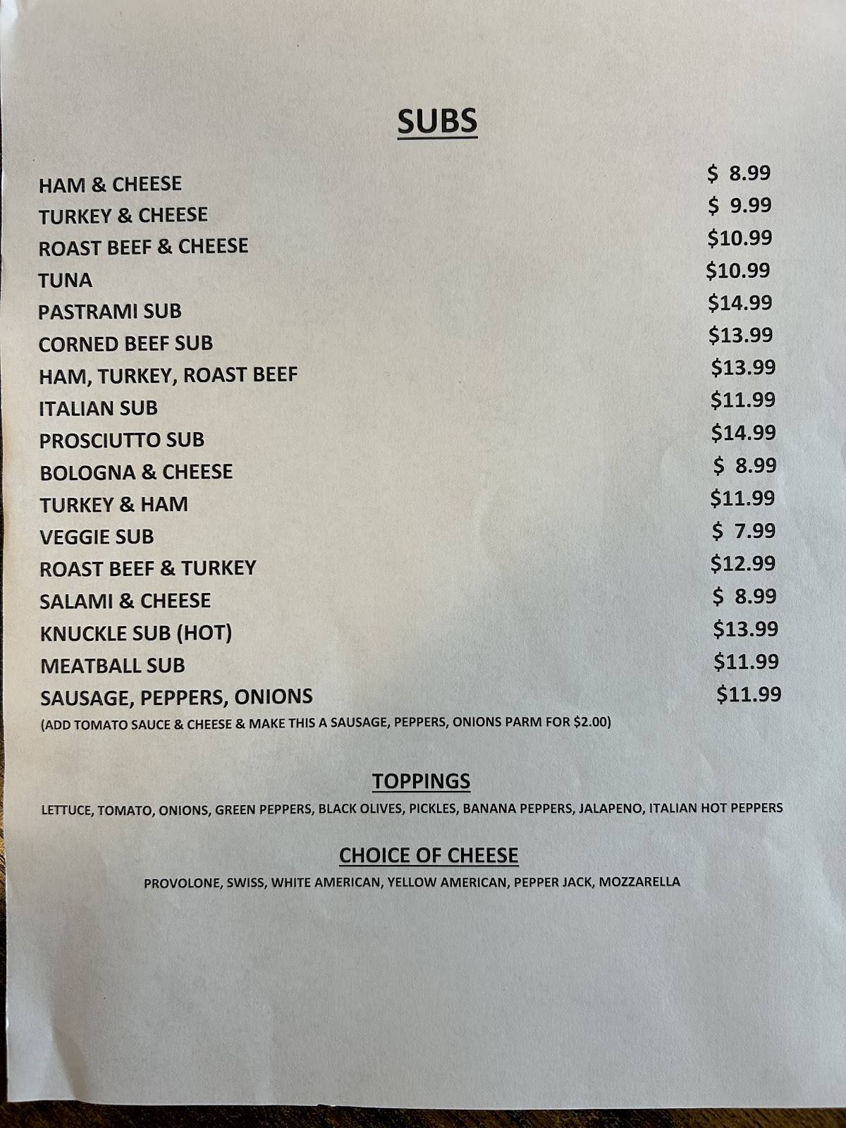 Menu at Knuckle Sandwich and Catering restaurant, Orange City