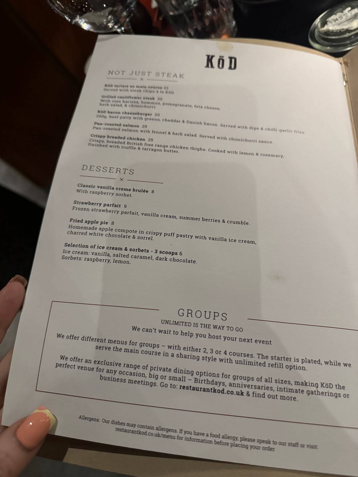 Menu at KöD Soho steakhouse, London