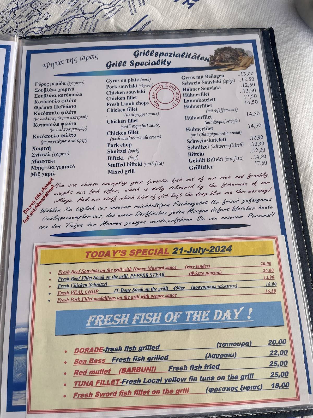 Menu at Meltemi Restaurant, Kokkari