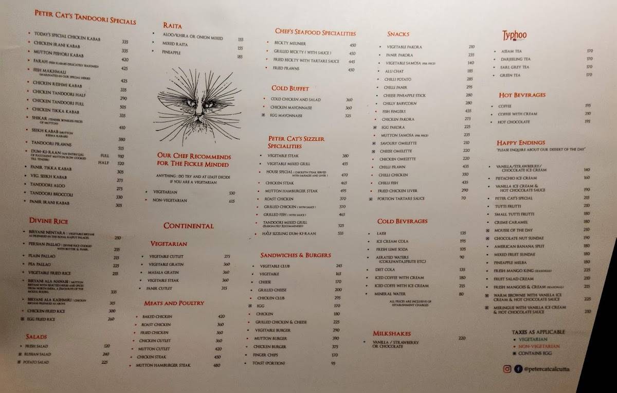 Menu at Peter Cat, Kolkata