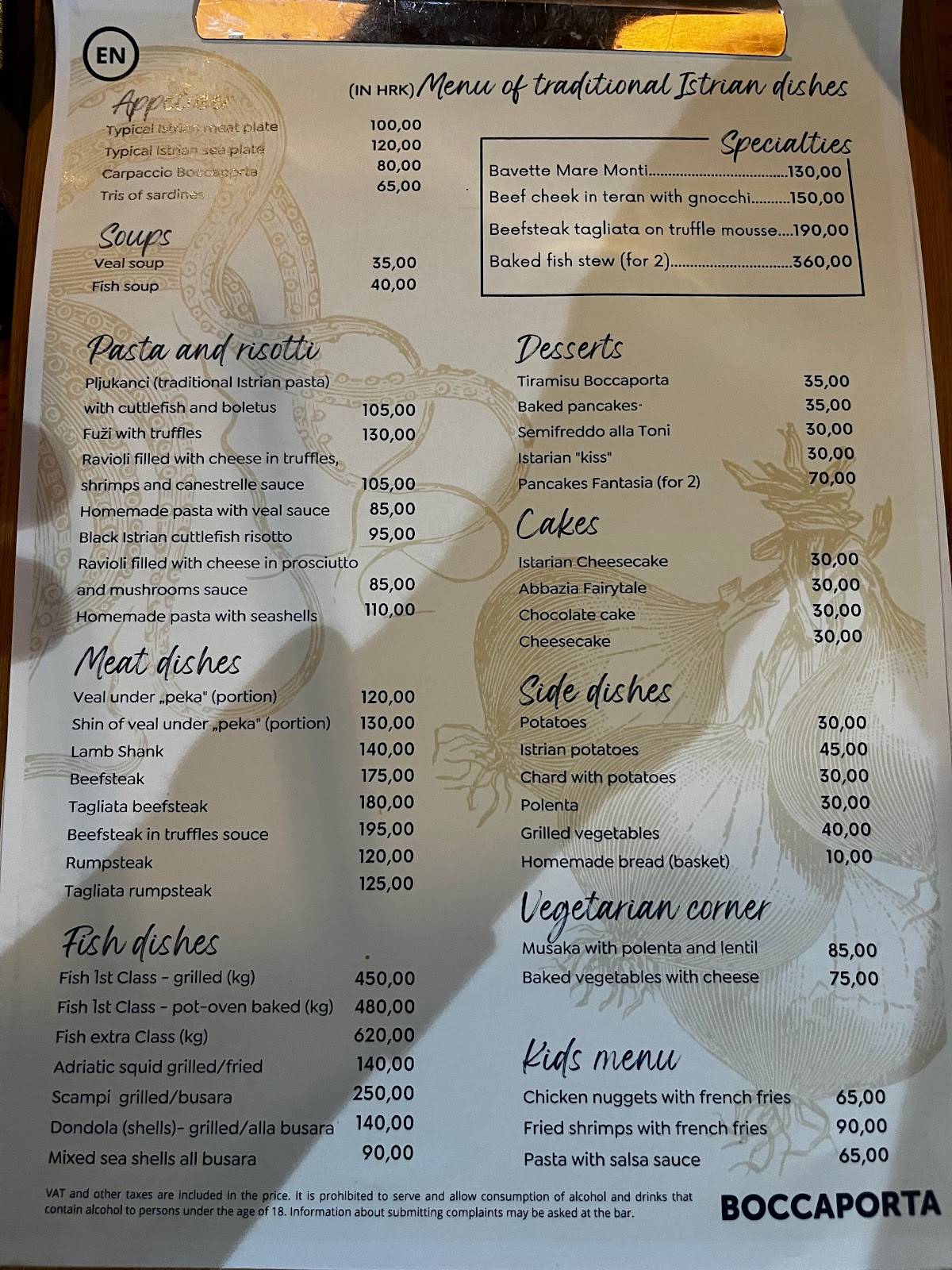 Menu at Konoba Boccaporta restaurant, Pula
