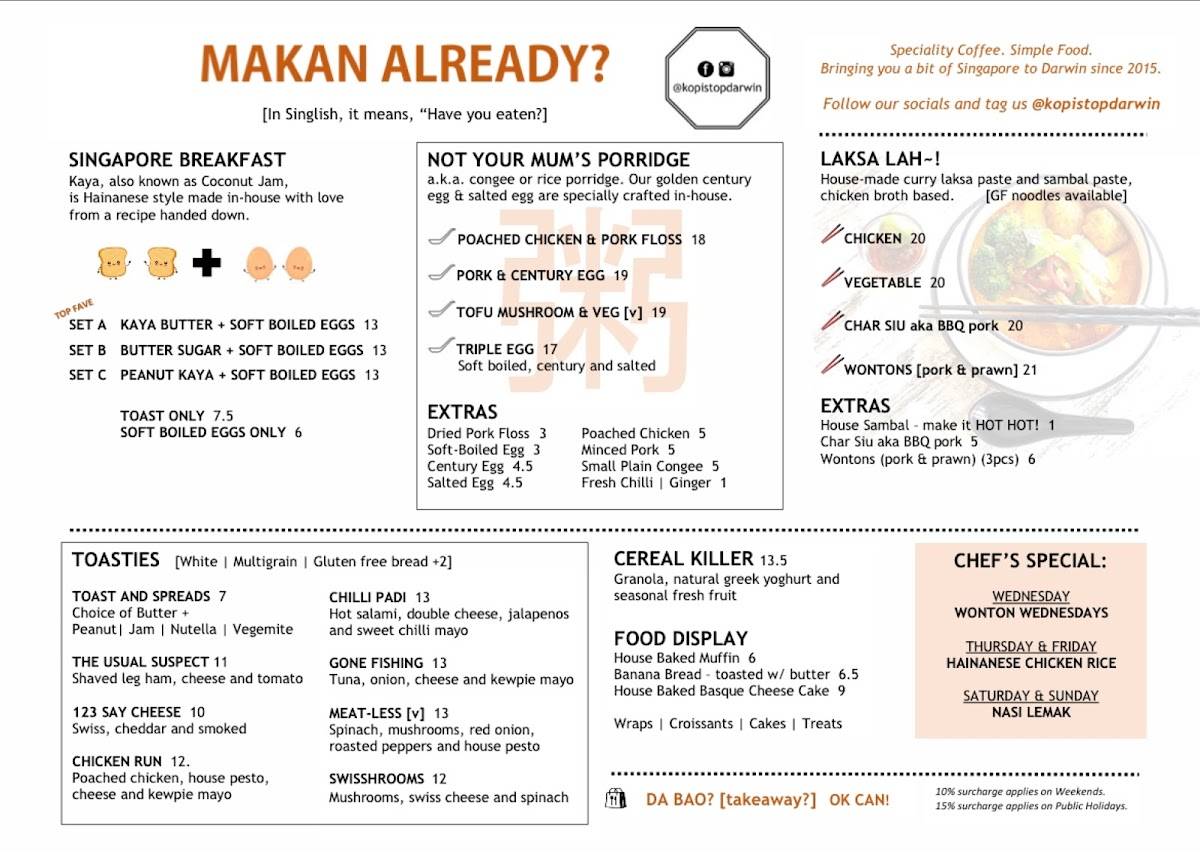 Menu at Kopi Stop cafe, Darwin City