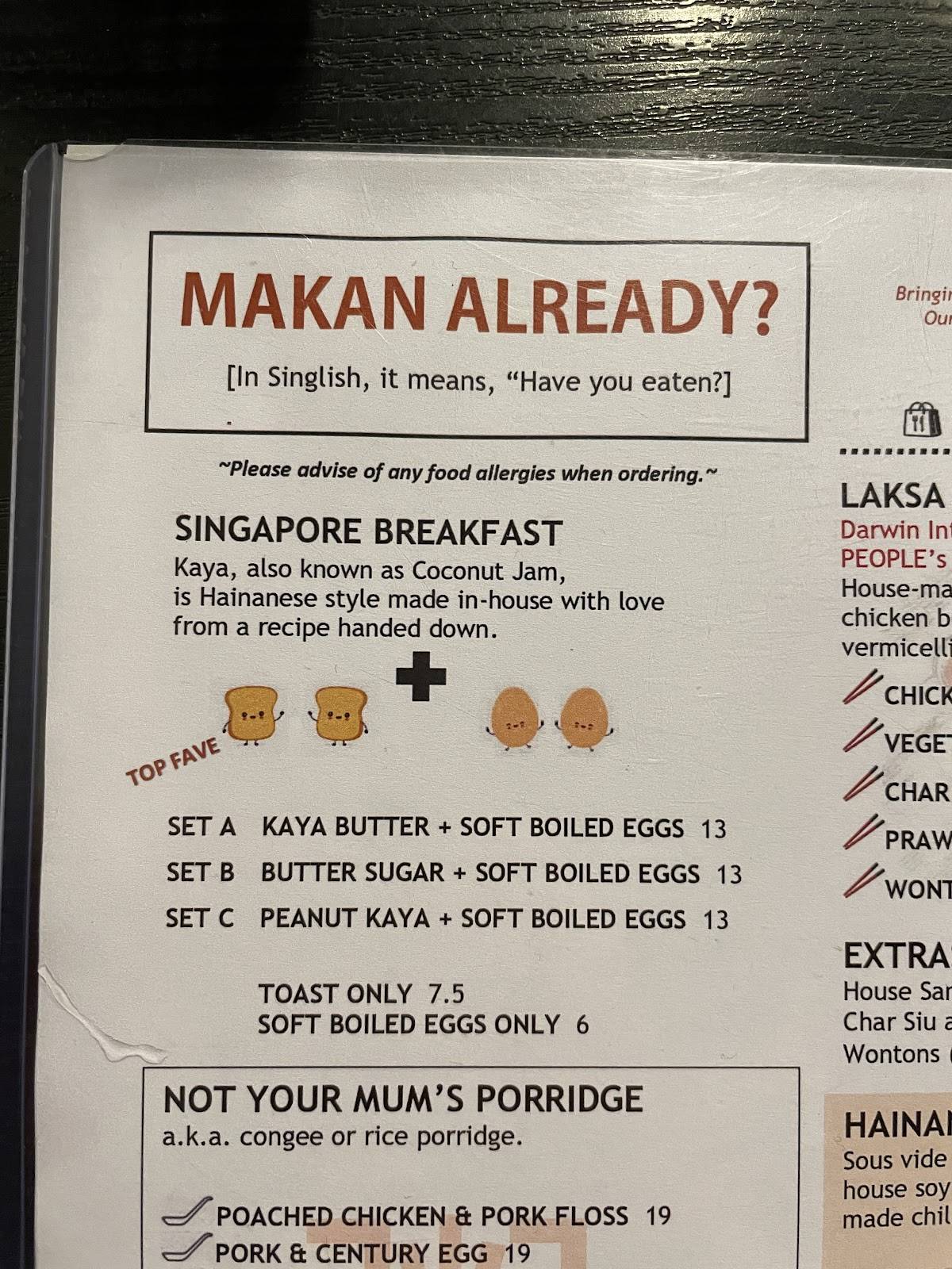 Menu at Kopi Stop cafe, Darwin City