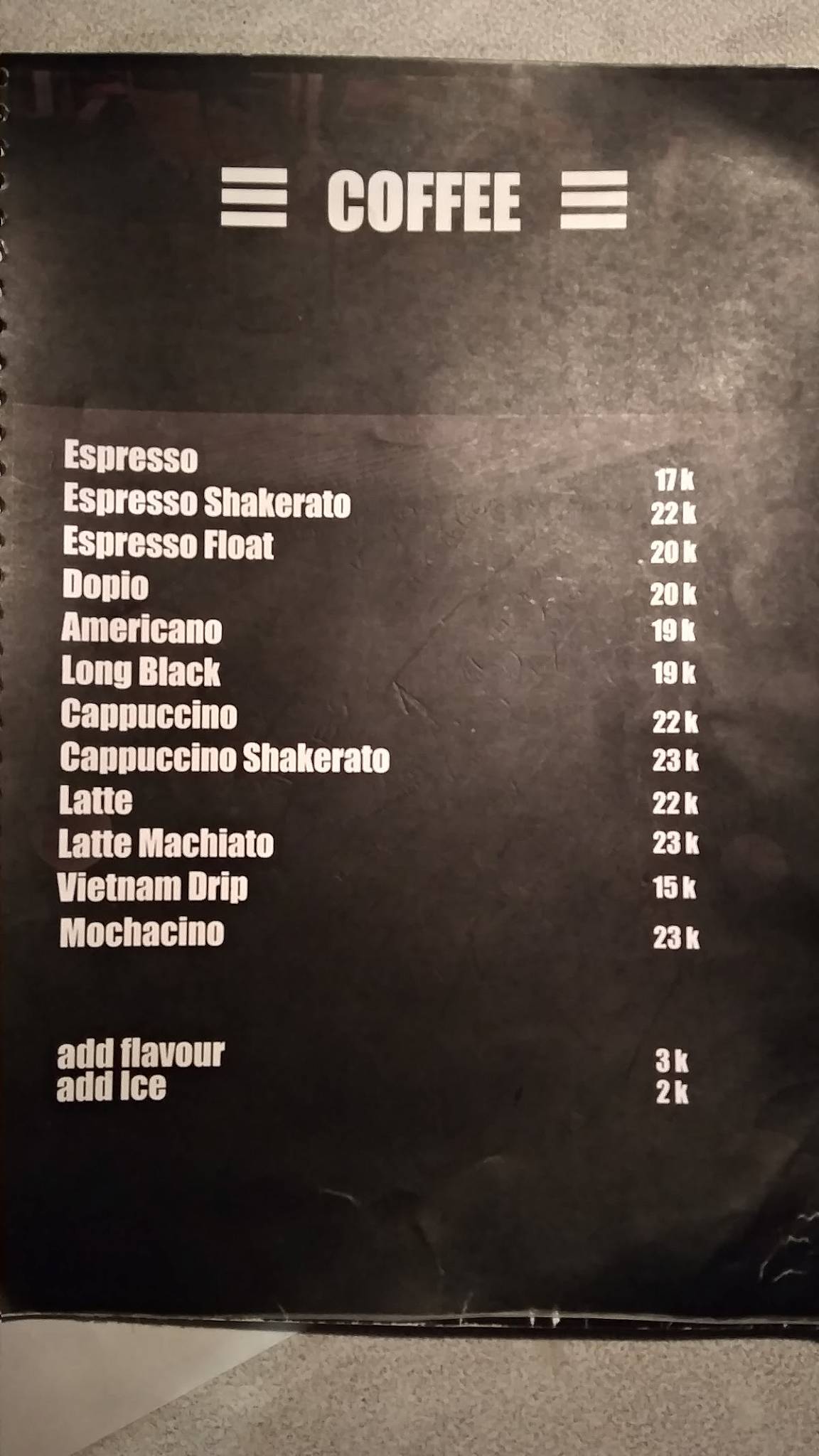 Carta del café Kopine Eyang, Yogyakarta