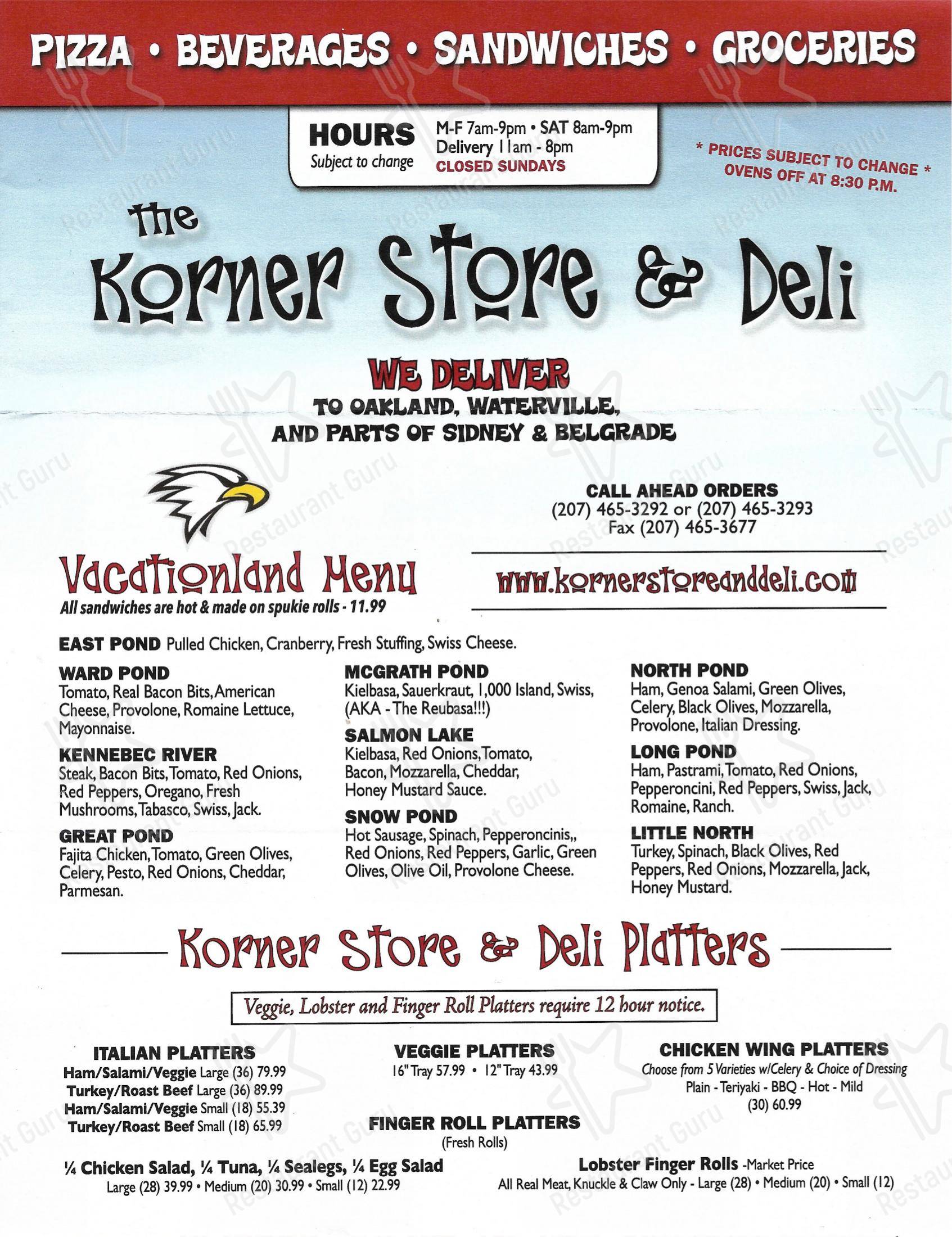 Menu at Korner Store pizzeria, Oakland, 45 Oak St
