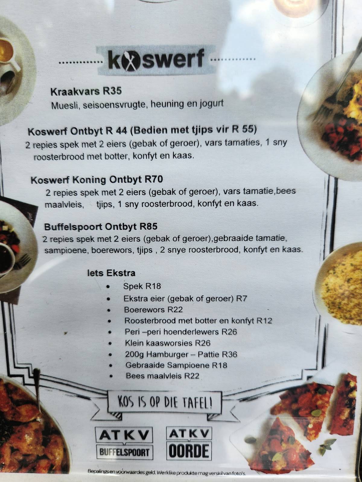Menu at Koswerf @ATKV Buffelspoort restaurant, South Africa