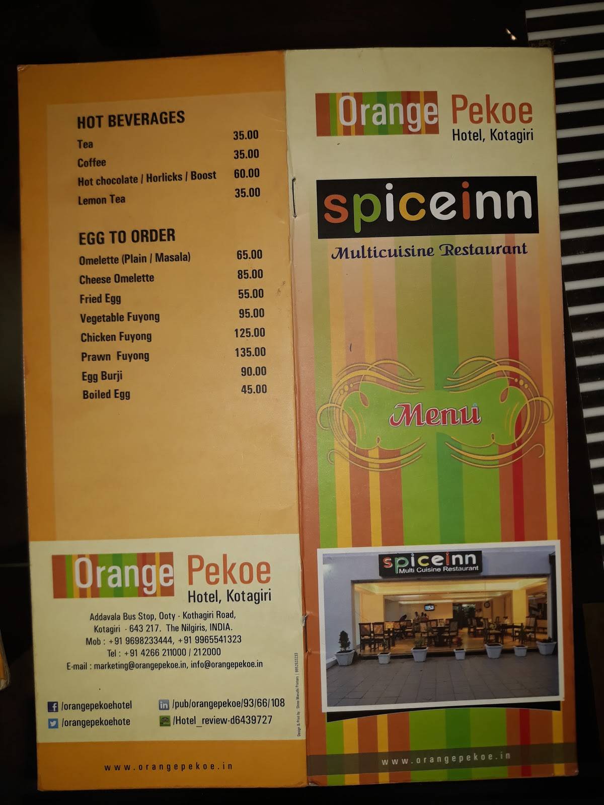 Menu at Orange Pekoe Restaurant, Kotagiri, CRFM+3PQ