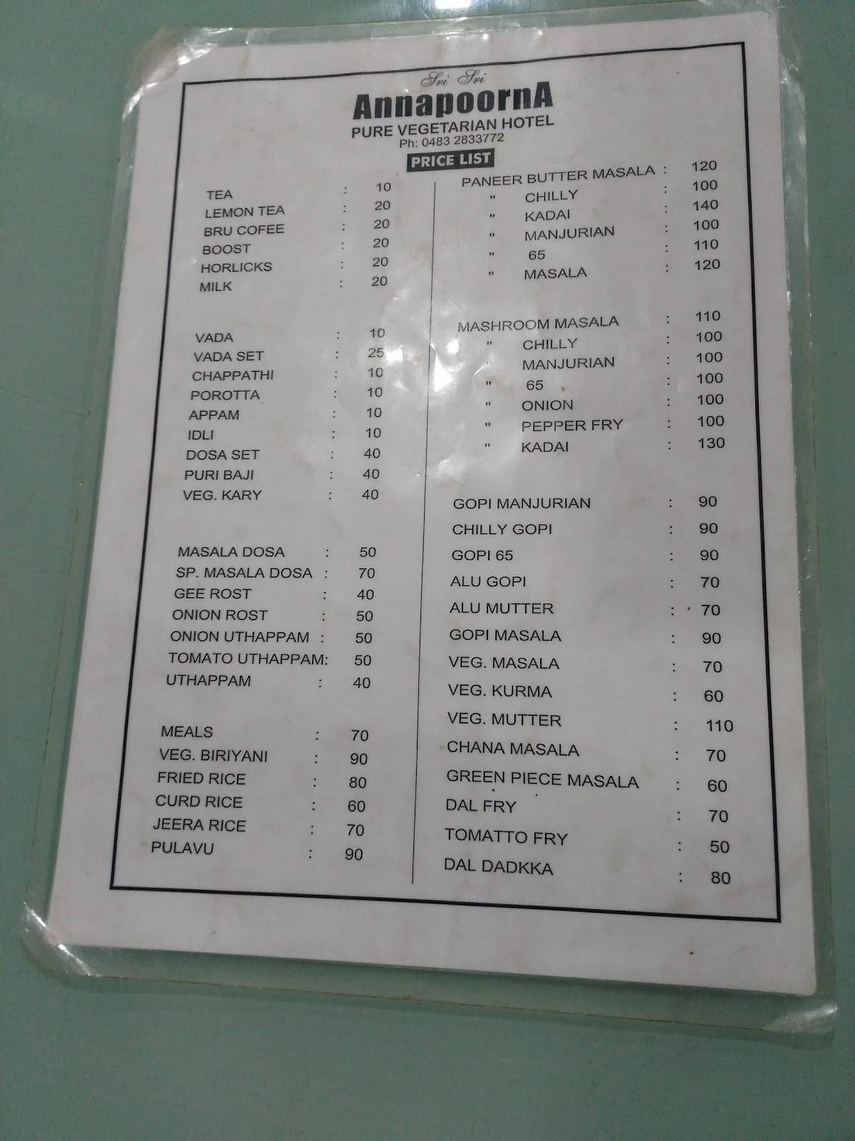 Menu at Sri Sri Annapoorna, Ramanattukara, Kozhikode Bypass