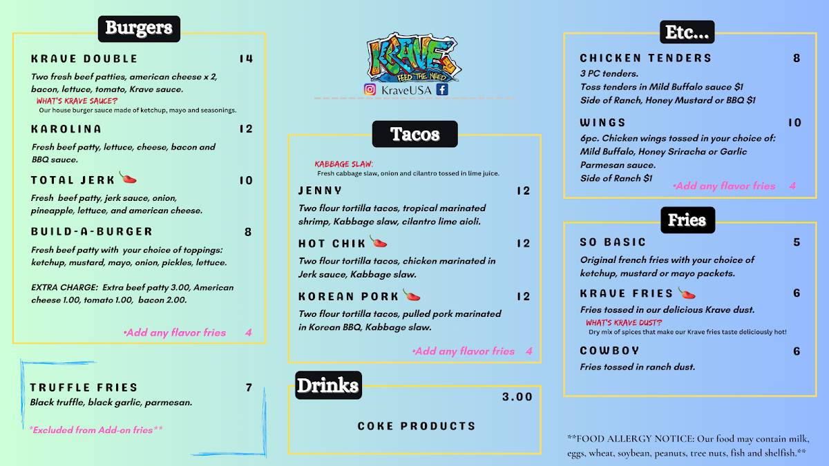 Menu at Krave Food Truck, Fort Mill