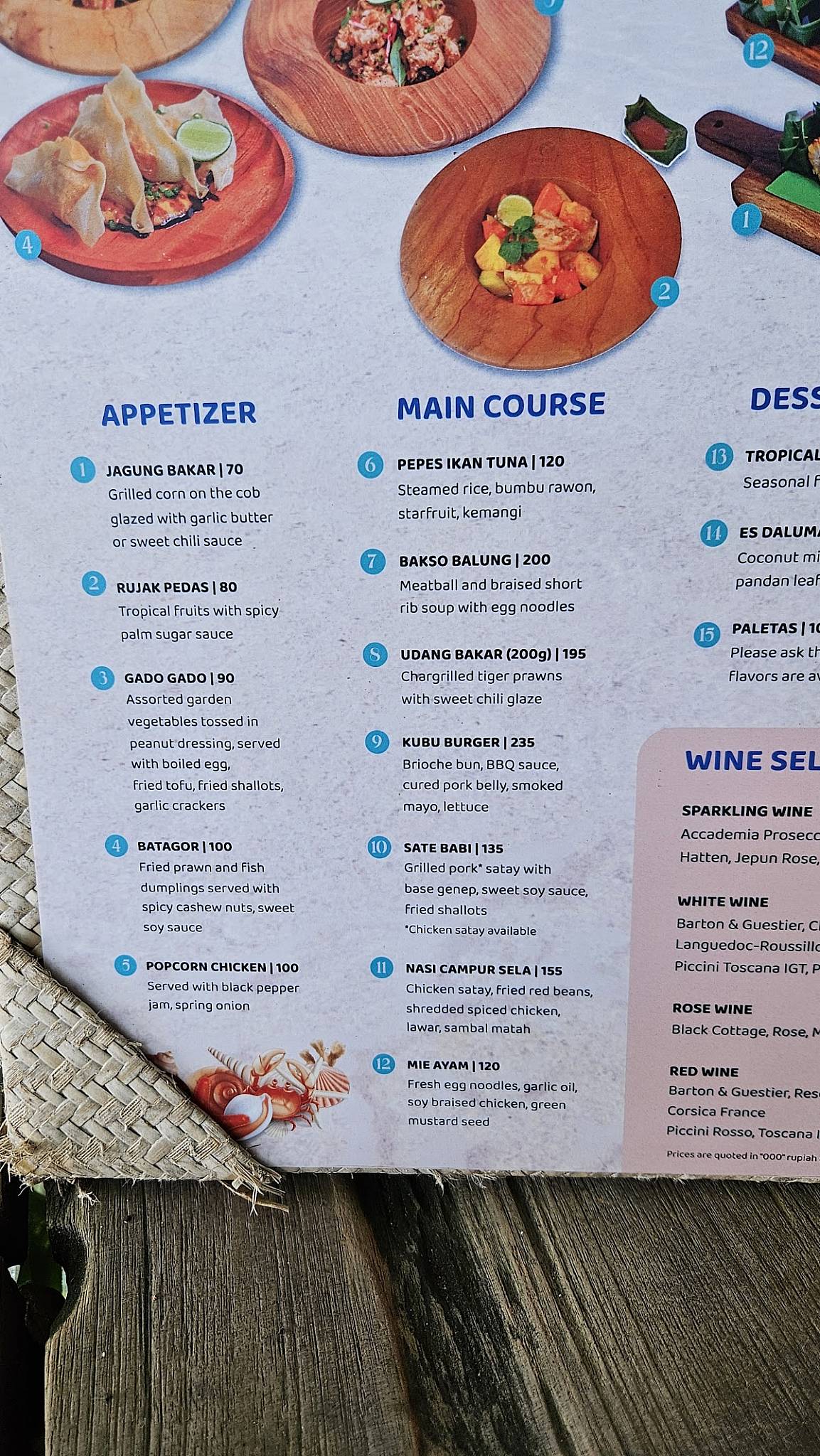 Menu at Kubu Beach Club, Jimbaran, AYANA Resort and Spa