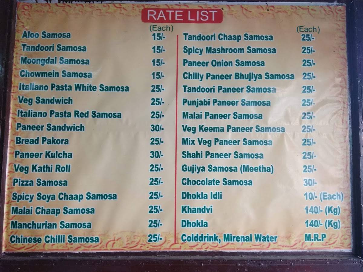 Menu at Kumar Samosa Wala, New Delhi