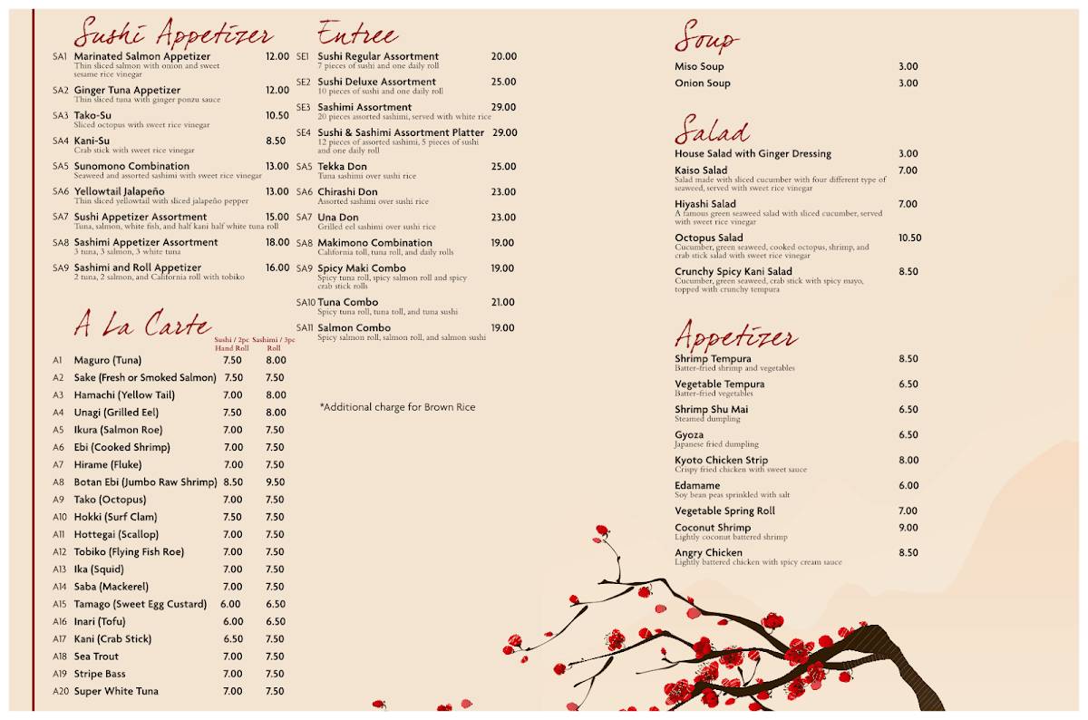 Menu at Kyoto restaurant, Clarks Summit