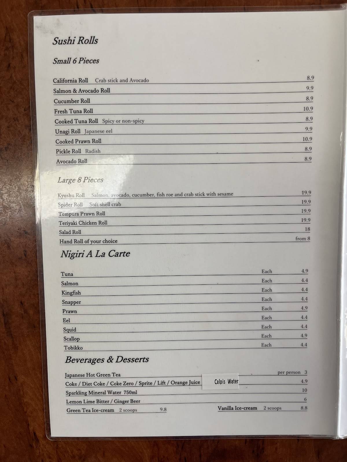 Menu at Kyushu Japanese Restaurant, Neutral Bay