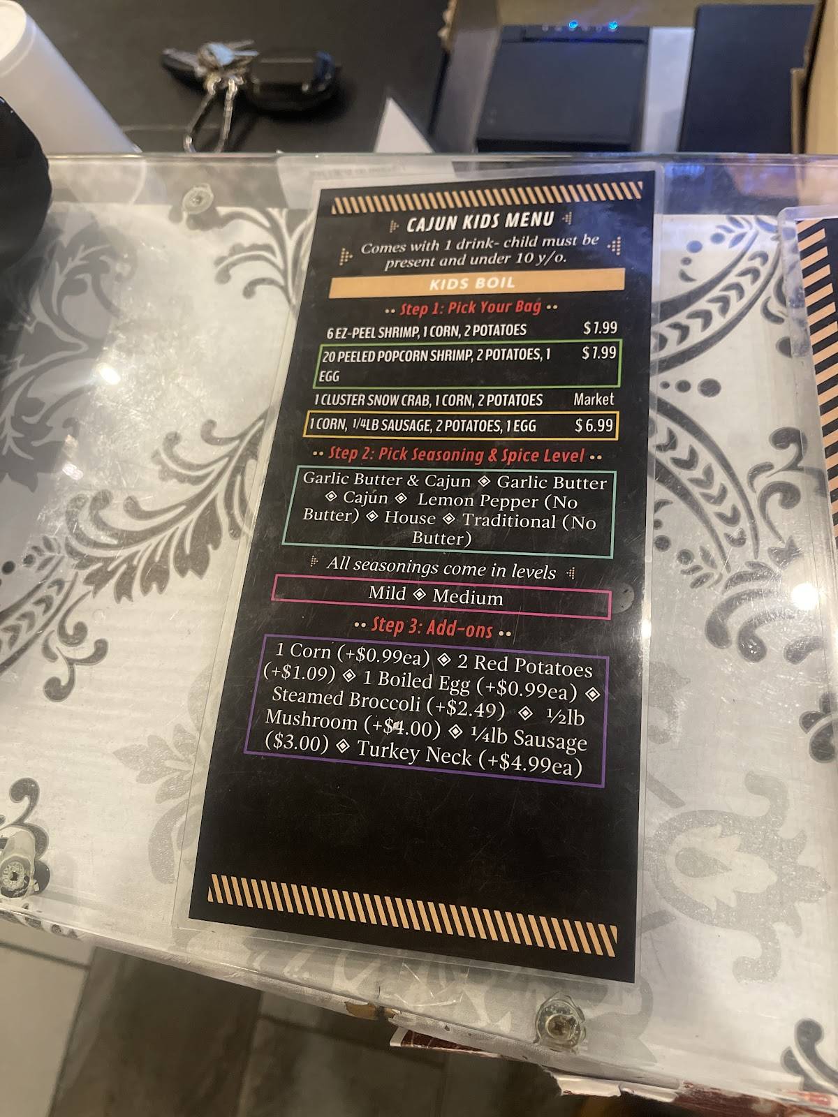 Menu at LA Crawfish Shack restaurant, Houston, S Texas 6