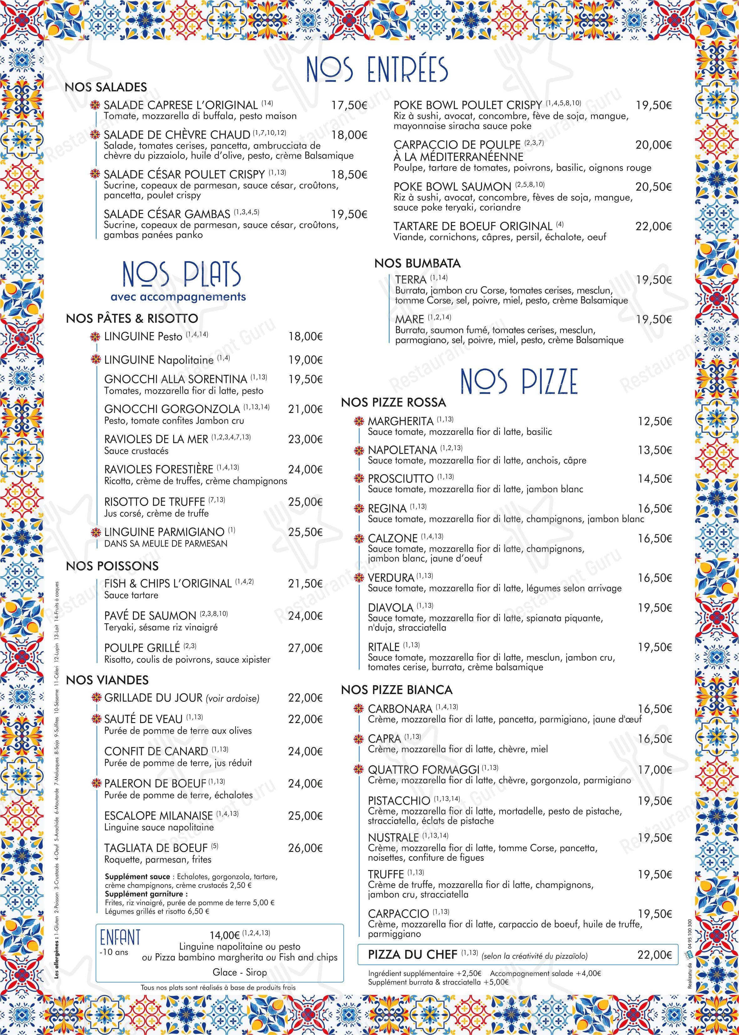 Menu au LA FOCACCIA restaurant, Porto-Vecchio, 10 Carrefour de bocca d'oro
