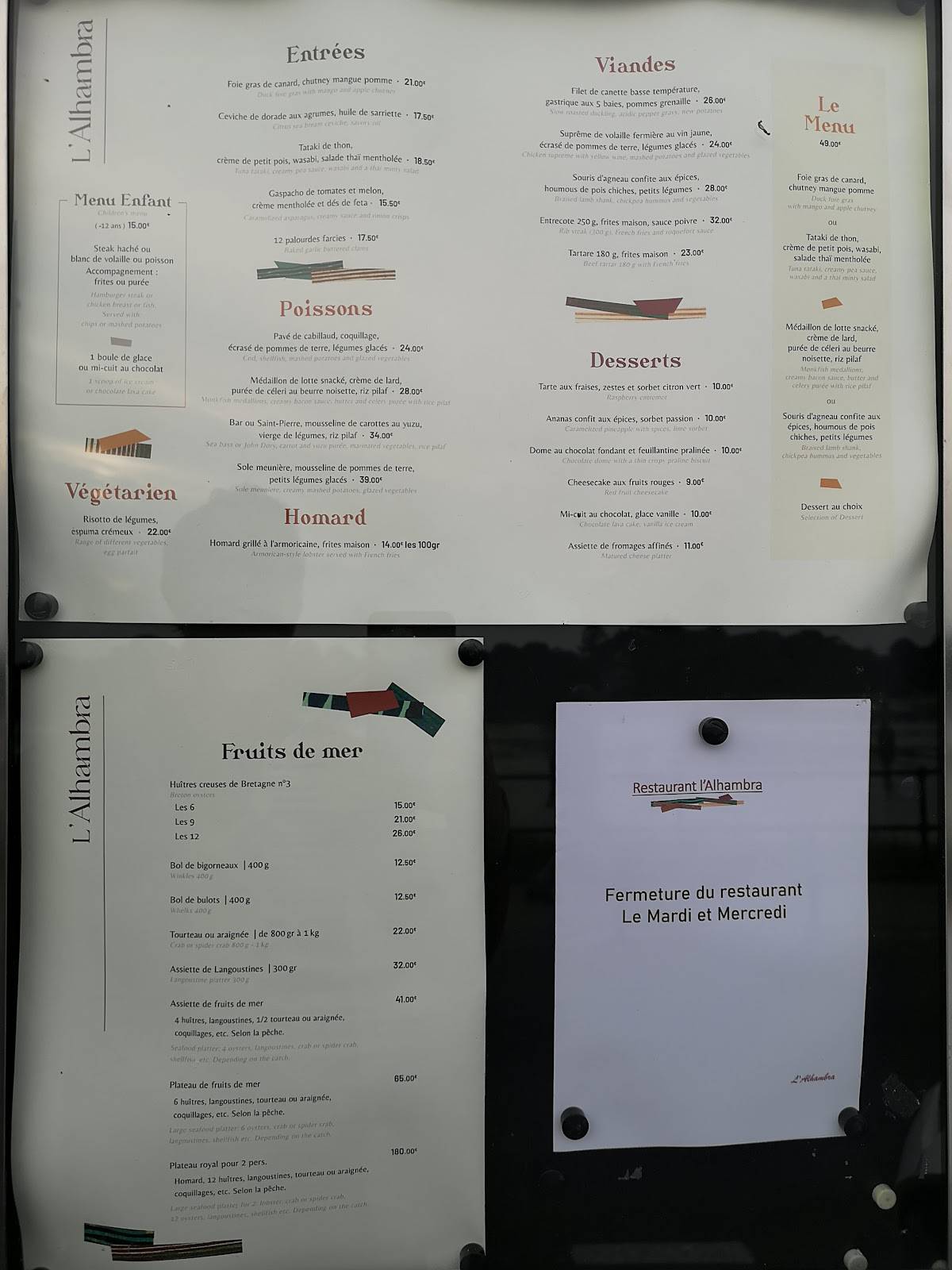 Menu au L'Alhambra restaurant, Bénodet