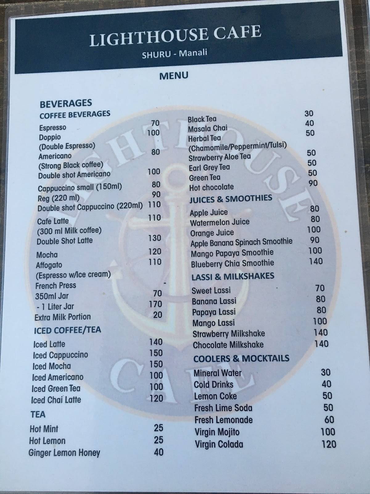 Menu at LIGHTHOUSE CAFE, Manali