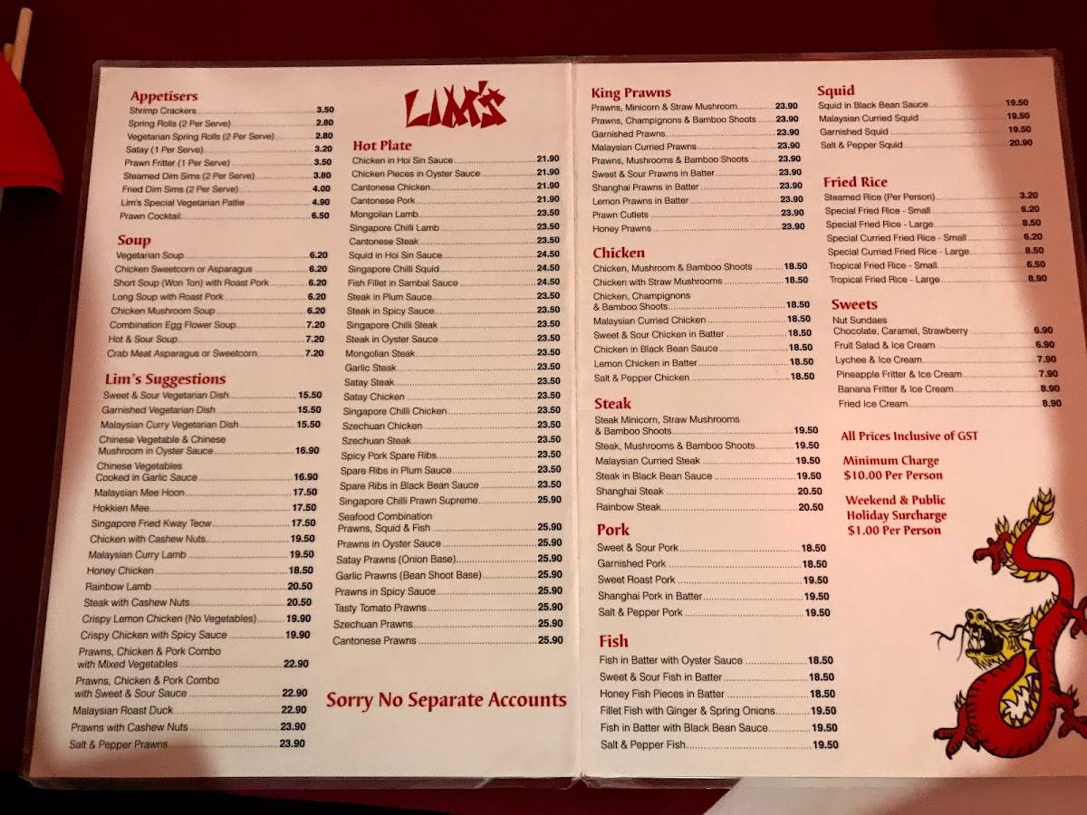 Menu at LIM'S Chinese Restaurant Glenelg, Glenelg