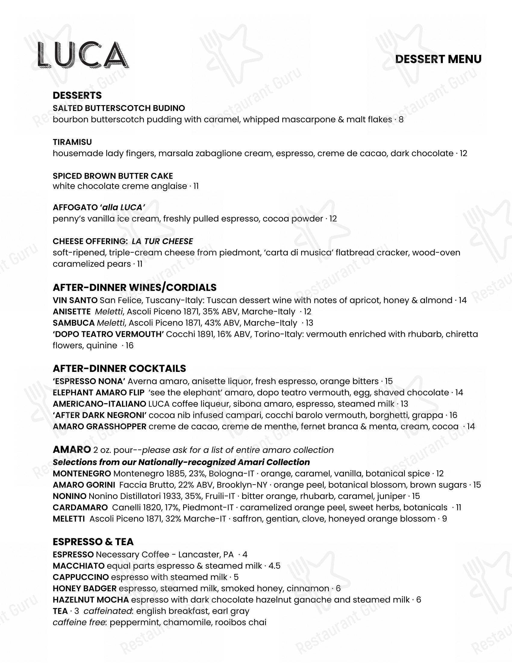 Menu at LUCA pizzeria, Lancaster