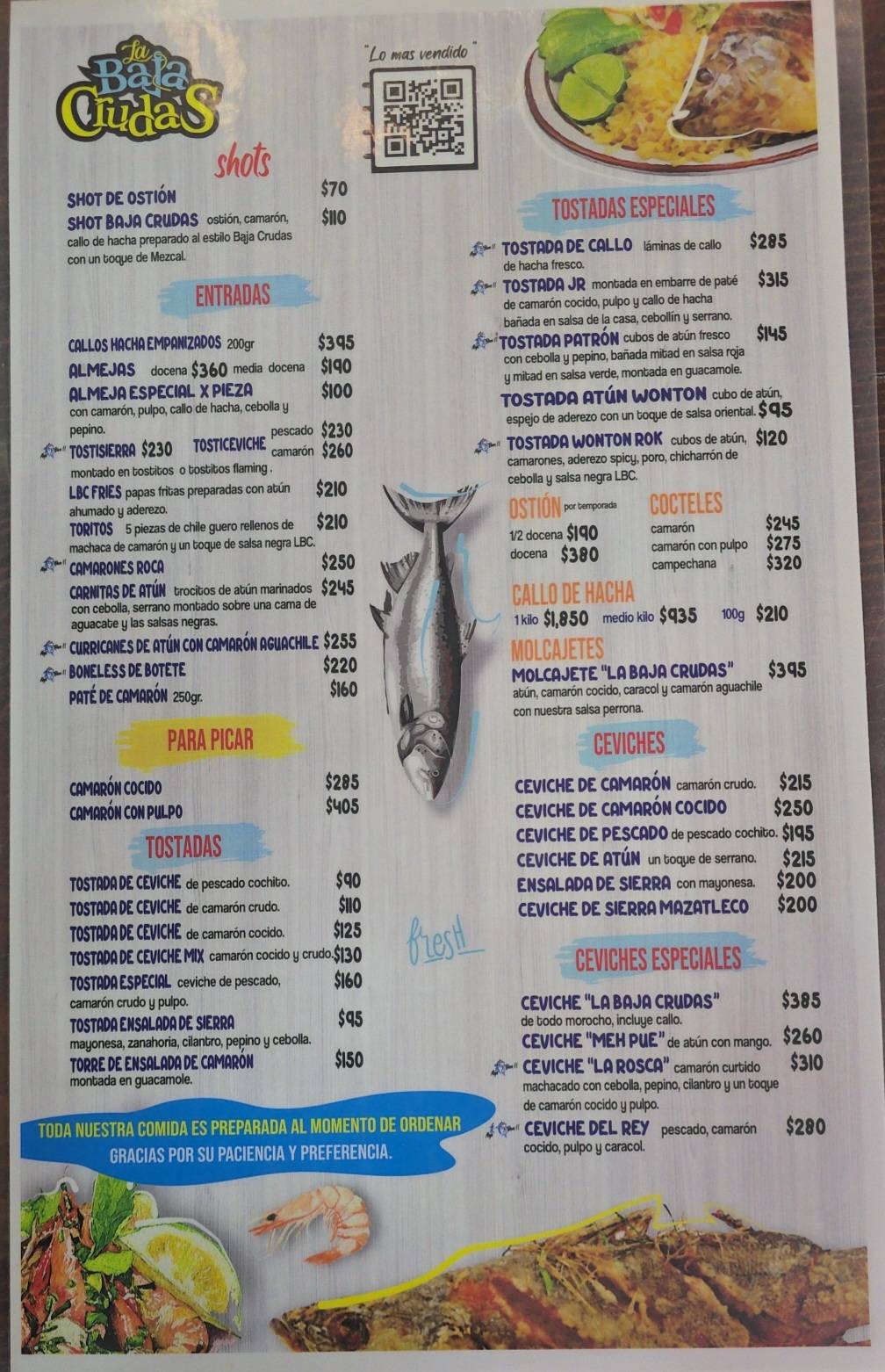 Carta del restaurante La Baja Crudas Mariskeria, La Paz
