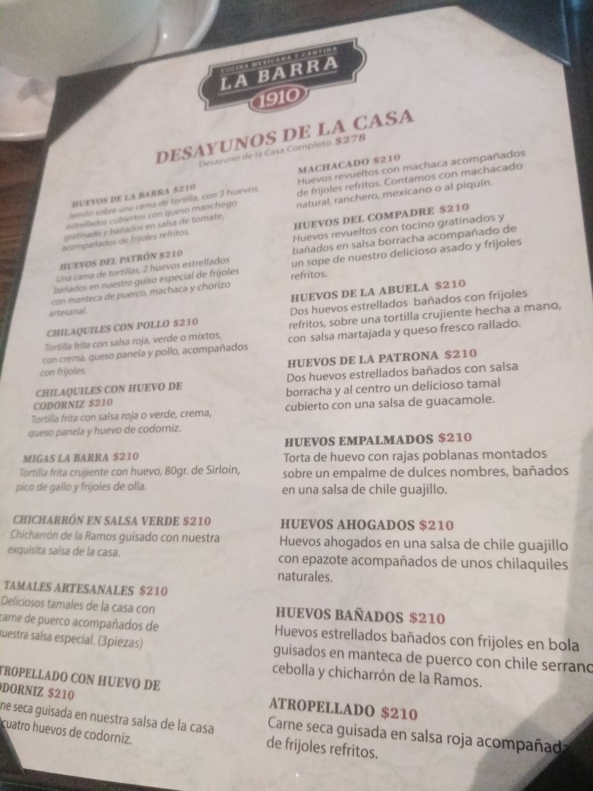 Menu at La Barra 1910, Ciudad Apodaca