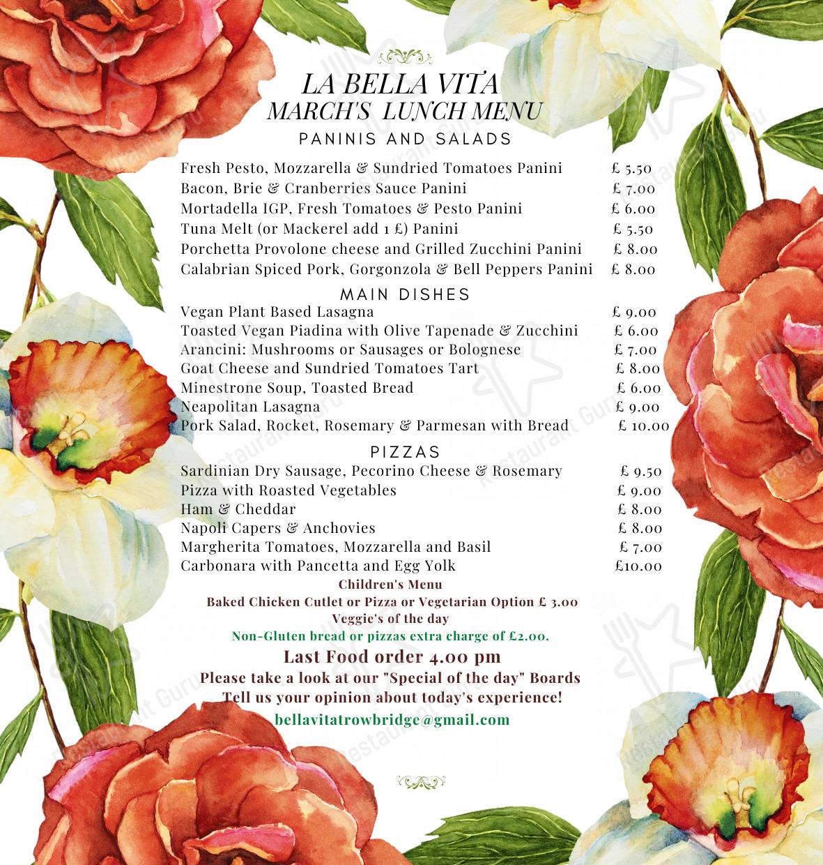 Menu at La Bella Vita cafe, Trowbridge