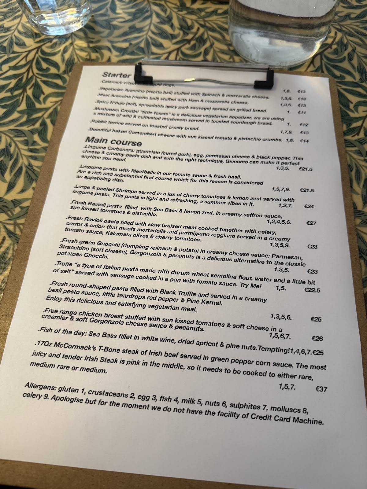 Menu at La Bella Vita restaurant, Westport