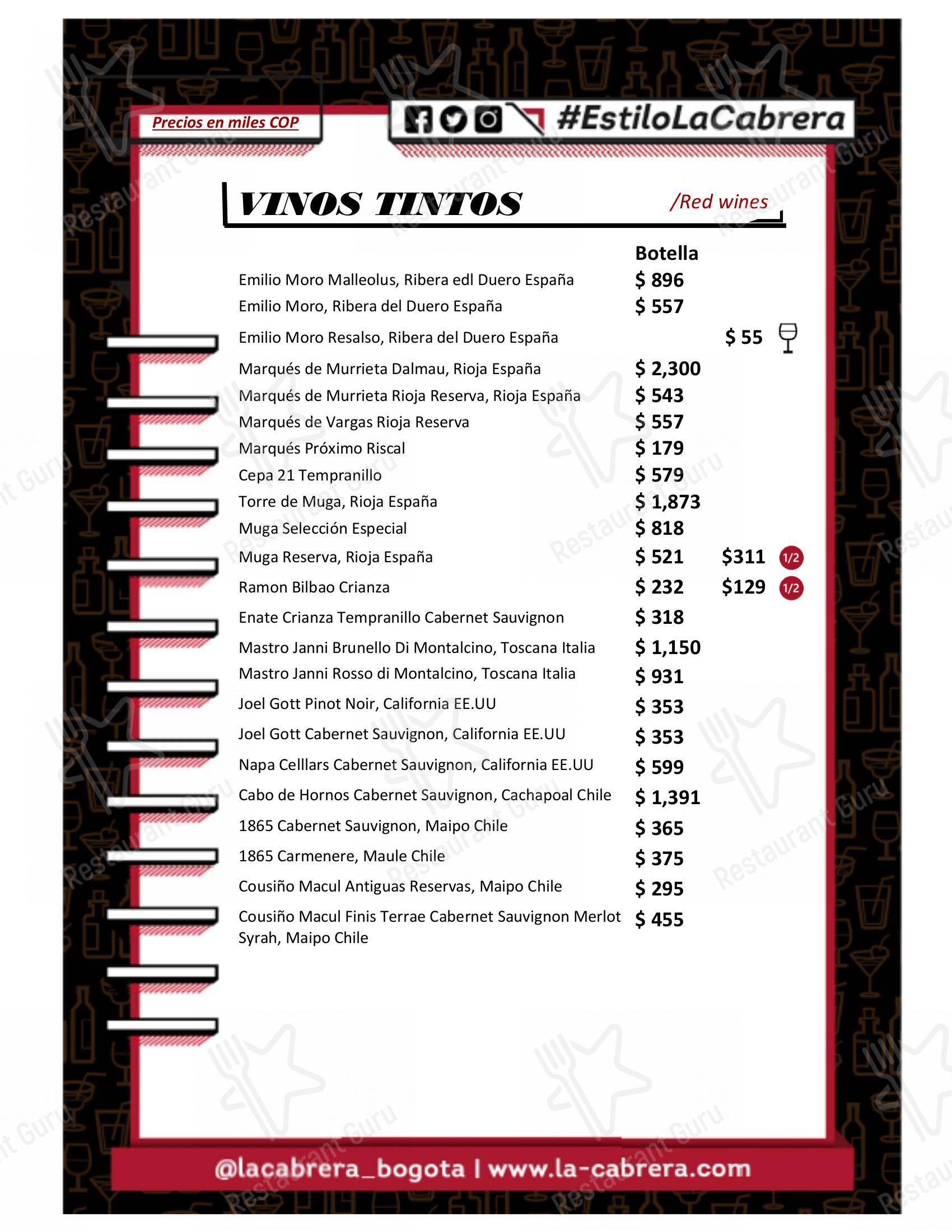 Carta de La Cabrera Bogotá l Parrilla Argentina Restaurante Zona G, Bogotá