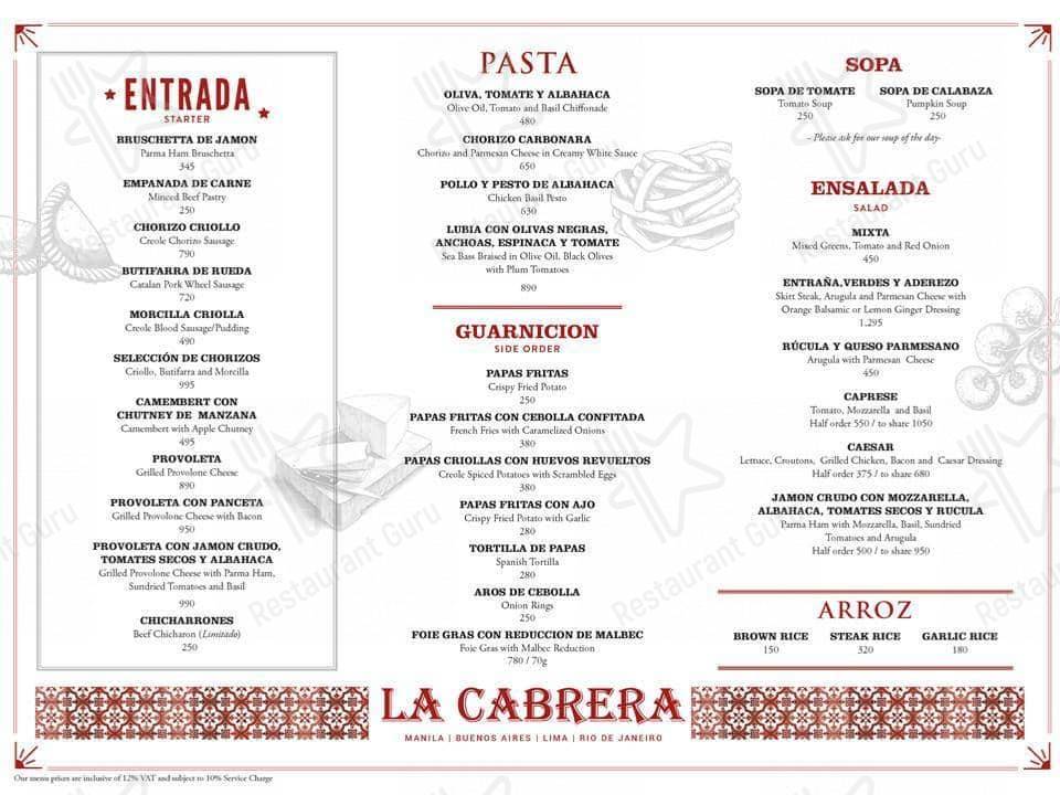 Menu at La Cabrera restaurant, Makati, H23G+46M