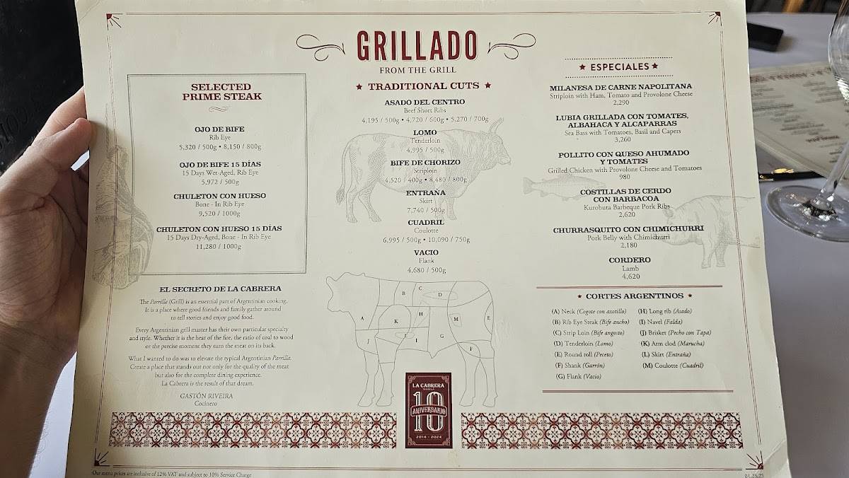 Menu at La Cabrera restaurant, Makati, H23G+46M