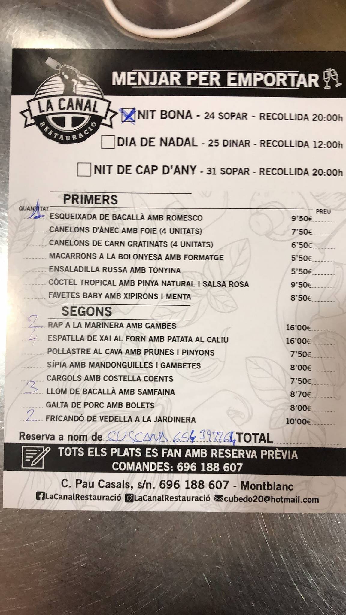 Carta del restaurante La Canal Restauració, Montblanc