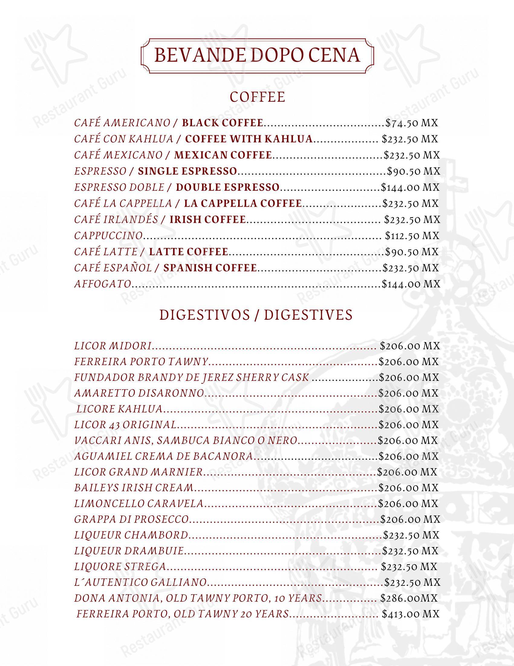 Carta de La Cappella Restaurante, Puerto Vallarta